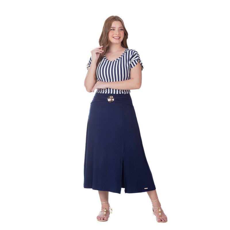 Saia Denise Em Malha Azul Noite Hapuk