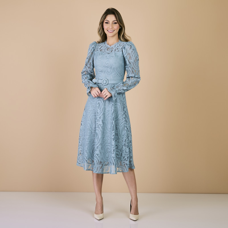 Vestido Patty Azul De Renda Com Cinto Tata Martello